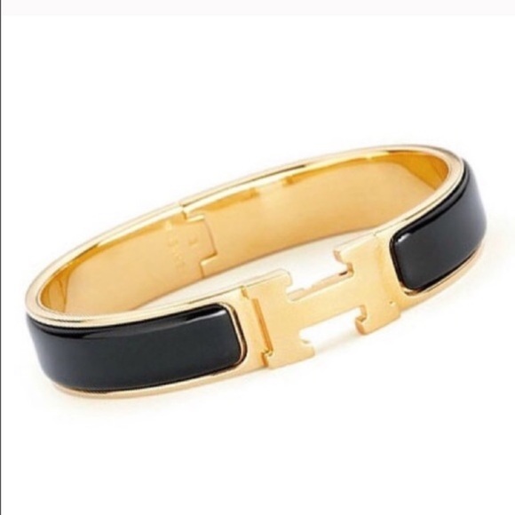 Jewelry | New Luxe Black And Gold Letter H Bangle Bracelet | Poshmark